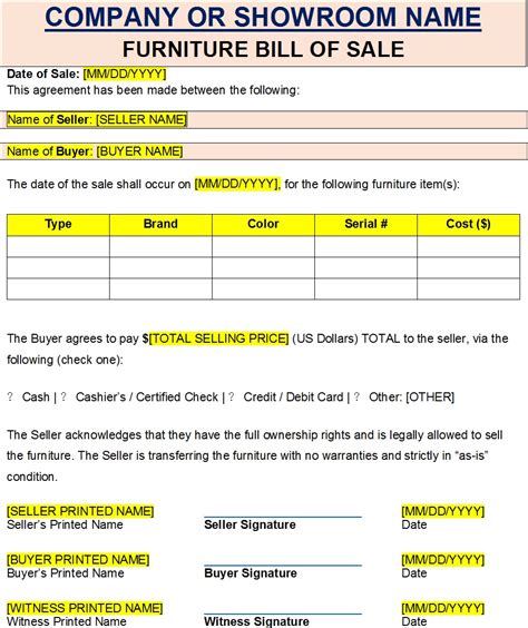 Top Furniture Bill Of Sale Templates Excel Word Template Bill Of