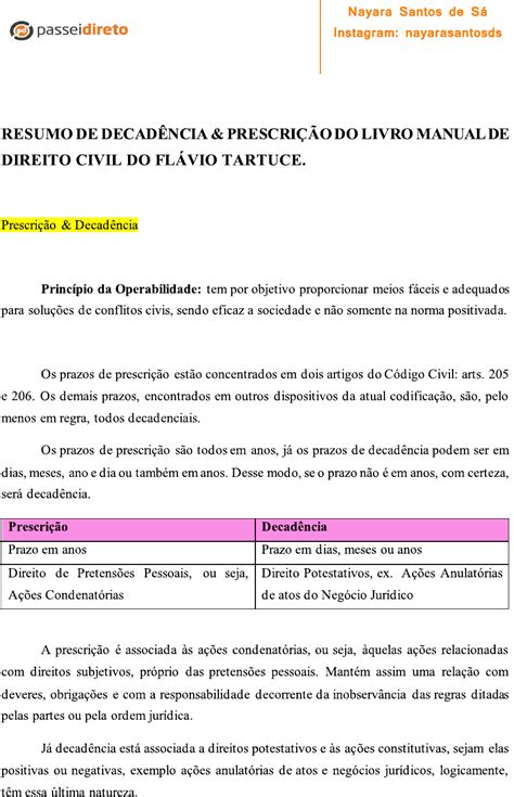 Resumo de Prescrição e Decadência Direito Civil I