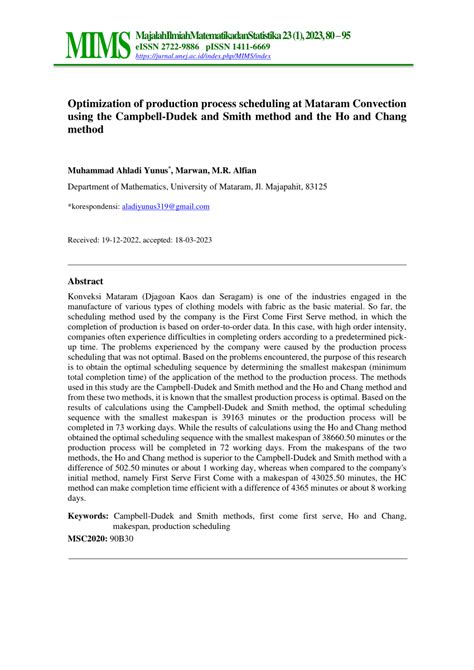 pdf optimization of production process scheduling at mataram convection using the campbell