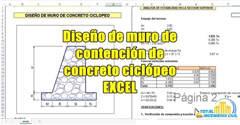 Hoja excel de diseño de muro de contención de concreto ciclópeo