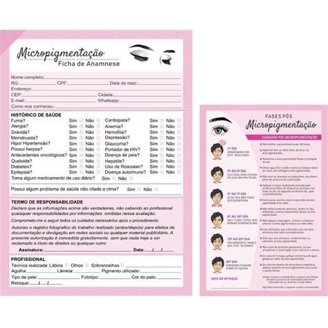 Kit Ficha Anamnese Bloco Cuidado Cliente Micropigmentação C 100