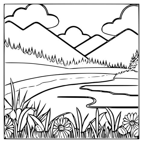 Landscape Coloring Book Mountains And River 24846090 Vector Art At