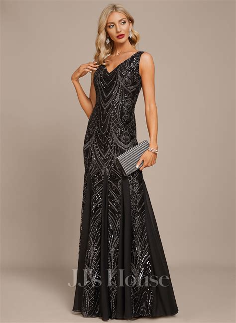 Trumpet Mermaid V Neck Floor Length Chiffon Sequined Evening Dress With