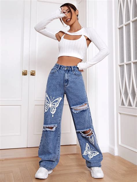 Butterfly Print Ripped Straight Leg Jeans SHEIN USA