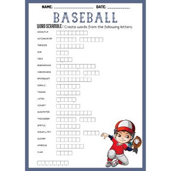 BASEBALL Word Scramble Puzzle Worksheet Activity By STORE BRAIN GAMES