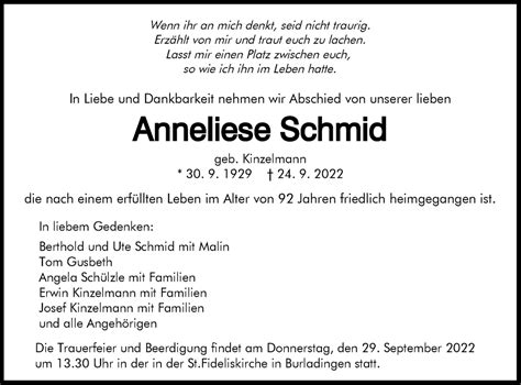 Traueranzeigen von Anneliese Schmid Südwest Presse Trauer