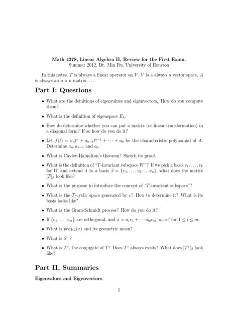 part i questions pdf eigenvalues and eigenvectors linear subspace