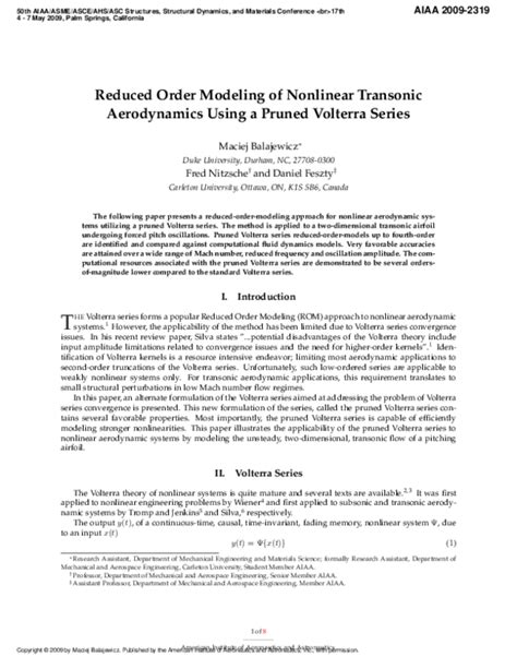 pdf reduced order modeling of nonlinear transonic aerodynamics using a pruned volterra series