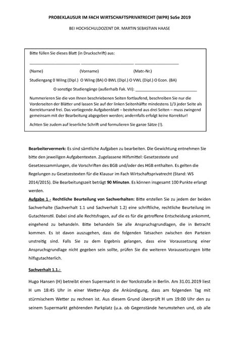 Probeklausur Juli Summer 2019 Fragen BEI HOCHSCHULDOZENT DR MARTIN