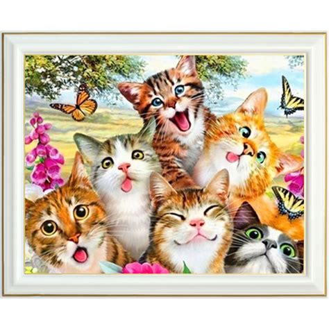 Broderie Diamant Chats Aux Grimaces 40 X 50 Cm Lartera