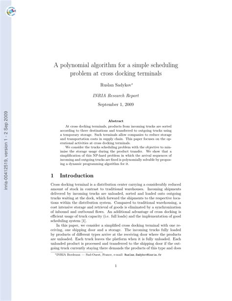 pdf a polynomial algorithm for a simple scheduling problem at cross docking terminals