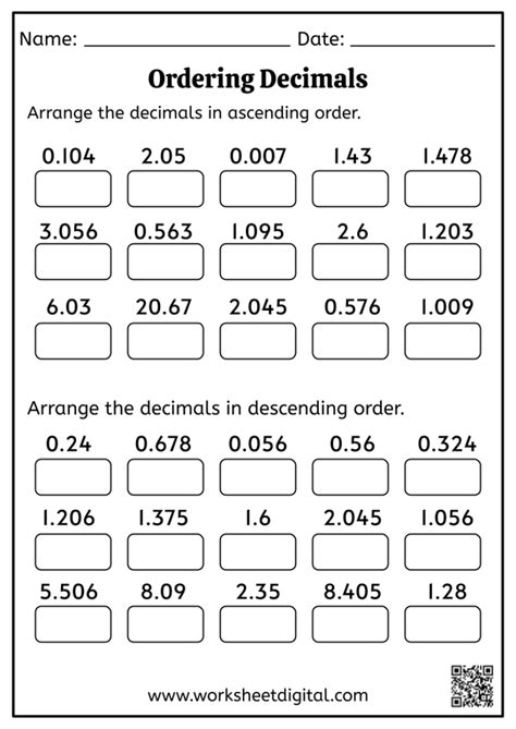 Ordering Decimals Worksheet Digital
