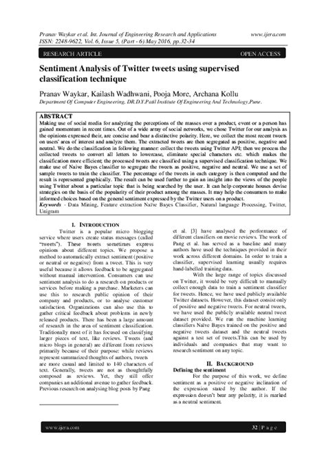 pdf sentiment analysis of twitter tweets using supervised classification technique ijera