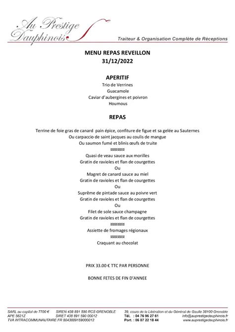 Menu de Réveillon 2022 Au Prestige Dauphinois