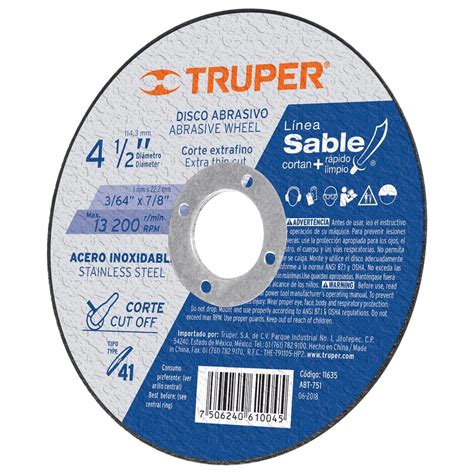 DISCO TIPO 41 DE 4 1 2 X 1 MM CORTE FINO ACERO INOX SABLE 11635