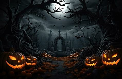 Spooky Background For Halloween With Twisted Trees Jack O Lanterns And
