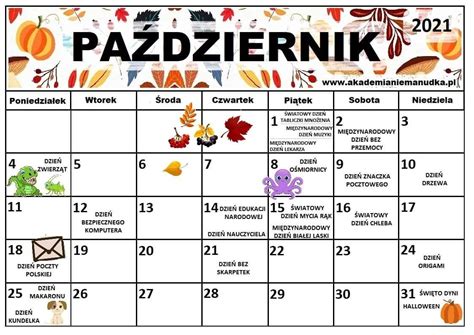 Kalendarz świąt nietypowych dla dzieci na rok szkolny 2021 2022 październik