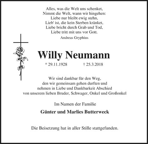 Traueranzeigen Von Willy Neumann Trauer In NRW De