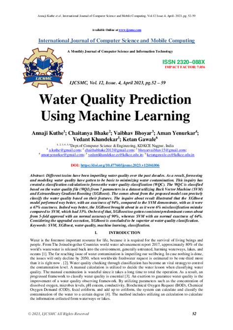 pdf water quality prediction using machine learning ijcsmc journal