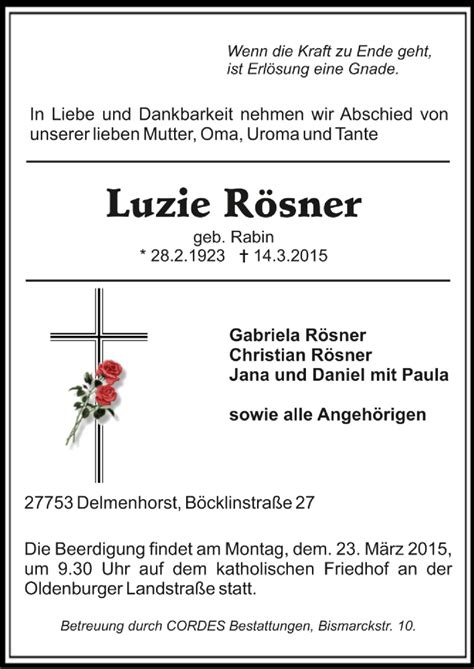 Traueranzeigen von Luzie Rösner Trauer de