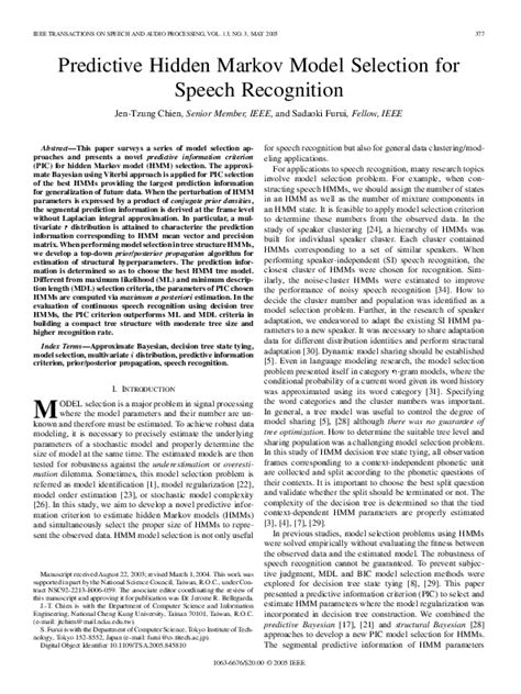 pdf predictive hidden markov model selection for speech recognition sadaoki furui