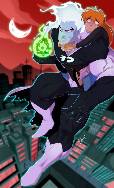 An Anime Character Flying Through The Air With His Arm Around Another Characters Neck