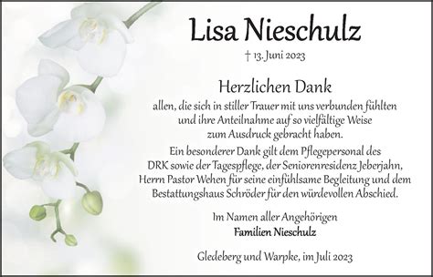 Das Trauerportal für Lüchow Dannenberg Todesanzeigen Lisa Nieschulz