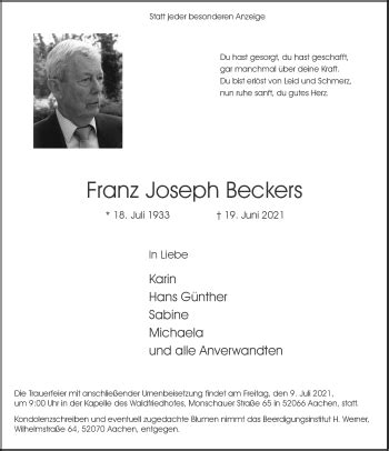 Traueranzeigen Von Franz Joseph Beckers Aachen Gedenkt