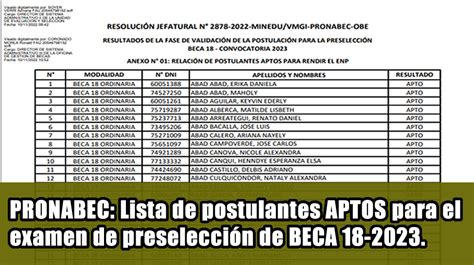 Pronabec Lista De Postulantes Aptos Para El Examen De Preselecci N De