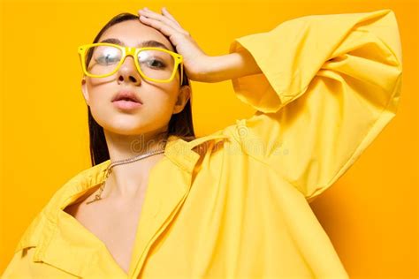 Trendy Woman Young Beautiful Glasses Fashion Lifestyle Yellow Portrait Attractive Girl Stock