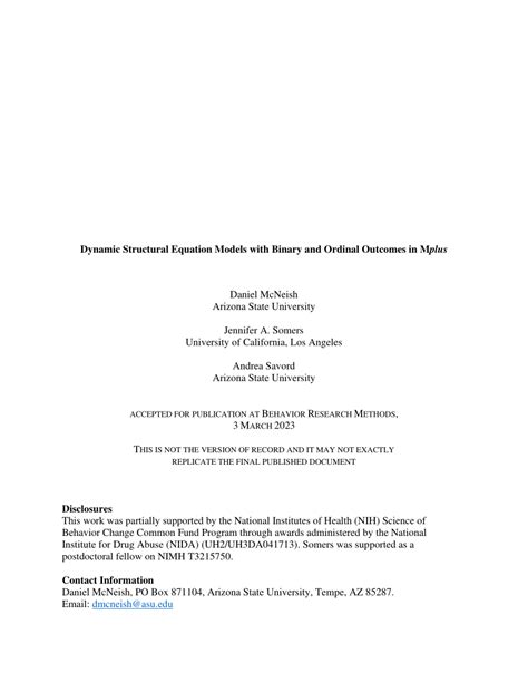 pdf dynamic structural equation models with binary and ordinal outcomes in mplus