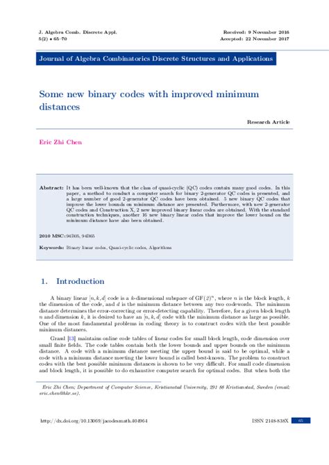 pdf some new binary codes with improved minimum distances journal of algebra combinatorics