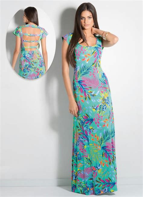 Vestido Longo Abertura Nas Costas Folhagens Quintess