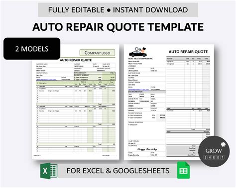 Printable Auto Repair Quote Template For Excel And Google Sheets