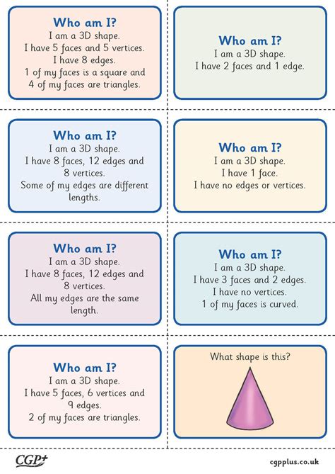 3d Shape Properties Matching Cards Printable Cards