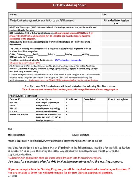Fillable Online GCC PN ADVISING WORK SHEET Information On This