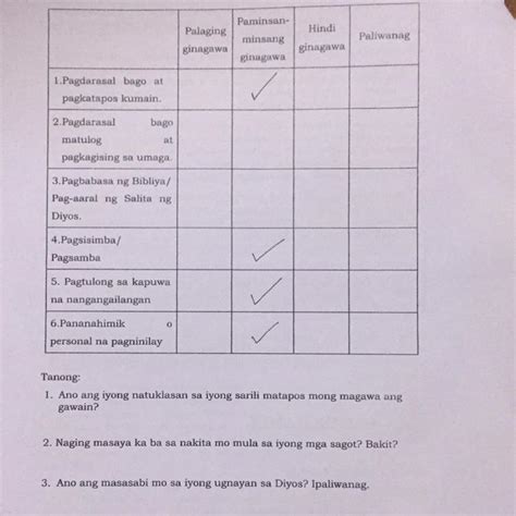 Lagyan Ng Tsek Ang Iyong Sagot Sa Bawat Kulom At Bigyan Ng Paliwanag