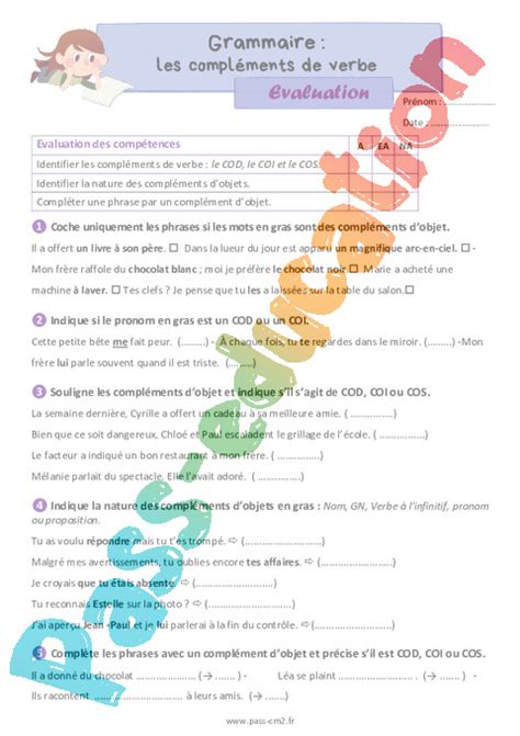 Les compléments de verbe COD le COI et le COS Évaluation de