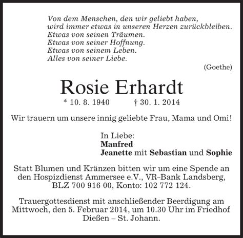 Traueranzeigen Von Rosie Erhardt Trauer Merkur De