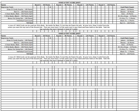 Hand And Foot Score Sheet Printable Free