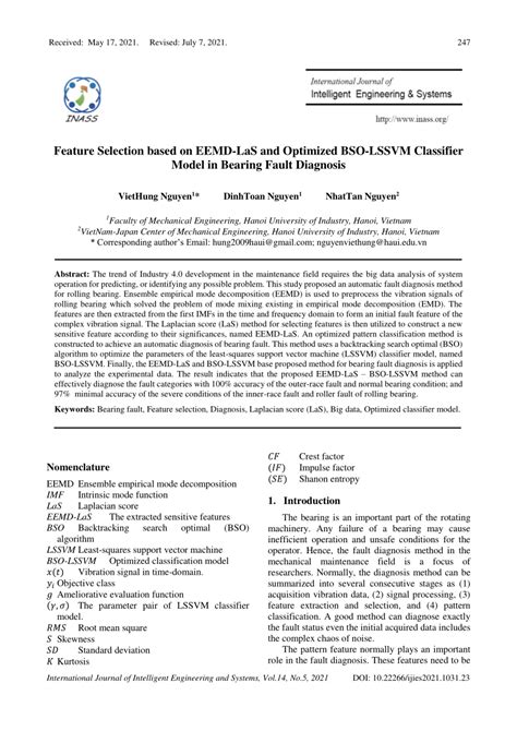 pdf feature selection based on eemd las and optimized bso lssvm classifier model in bearing