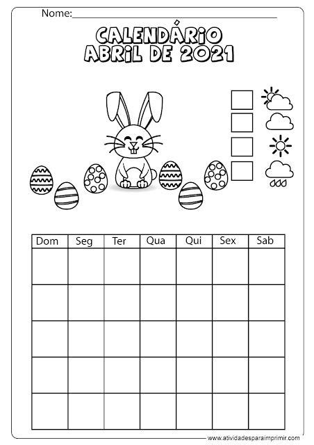 Calendário 2021 para imprimir e colorir Calendário Calendário abril