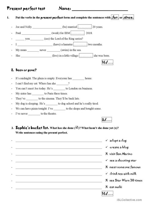Present Perfect Test General Gramma English Esl Worksheets Pdf Doc