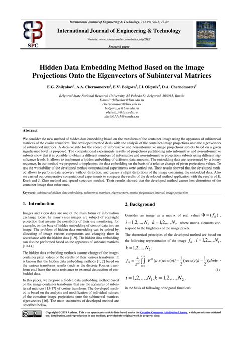 pdf hidden data embedding method based on the image projections onto the eigenvectors of