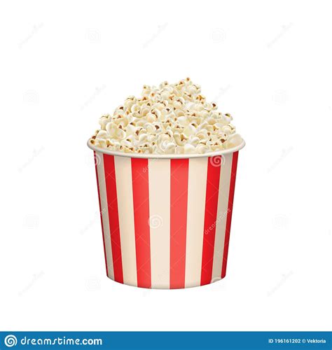 Popcorn Round Bucket Cup Realistic Vector Cinema Heaped Pop Corn Paper Bowl Red White Box