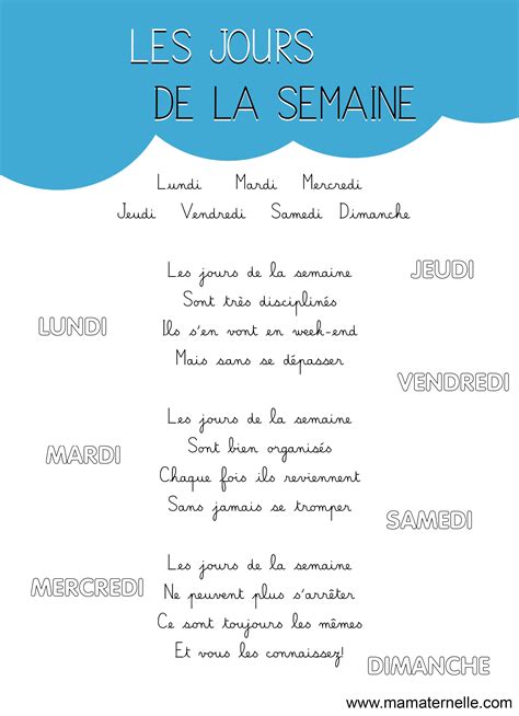 Chanson Les Jours De La Semaine Ma Maternelle
