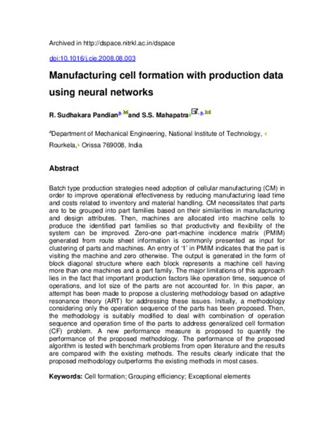 pdf manufacturing cell formation with production data using neural networks siba sankar
