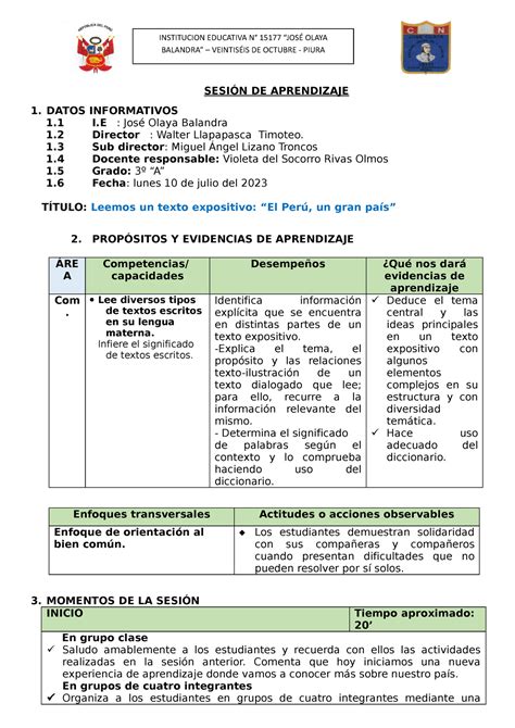 Sesi N Leemos Un Texto Expositivo El Per Un Gran Pa S Sesi N De