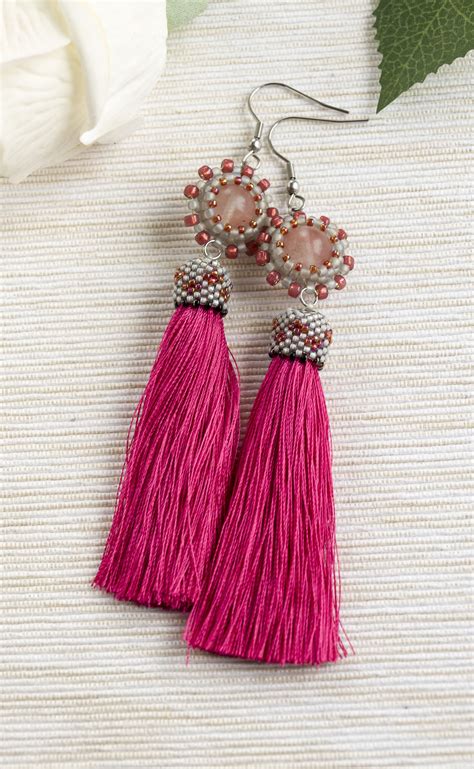 Pink Gray Tassel Earrings Long Gemstone Earrings Statement Seed