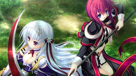 2girls Armor Blue Eyes Bow Breasts Choker Cleavage Dress Game Cg Grass Gray Hair Justy X Nasty